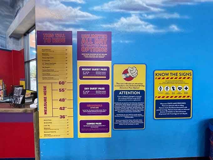 Height requirements and pass options spelled out clearly, because even fun needs some ground rules to keep everyone safe.