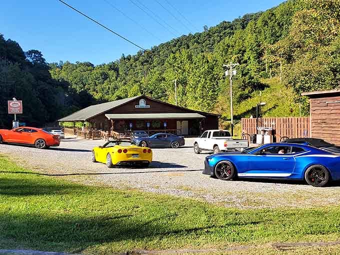 Even the parking lot attracts an interesting mix of vehicles, from sports cars to RVs, proving this place appeals to everyone.