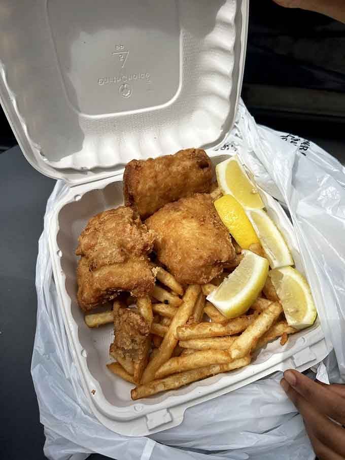 Golden fried fish with crispy fries, because even breakfast spots know how to nail the classics when lunchtime rolls around.