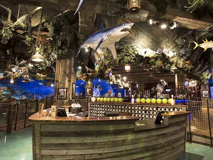 The front desk looks like a boat captain's quarters decided to moonlight as a bowling alley reception area.