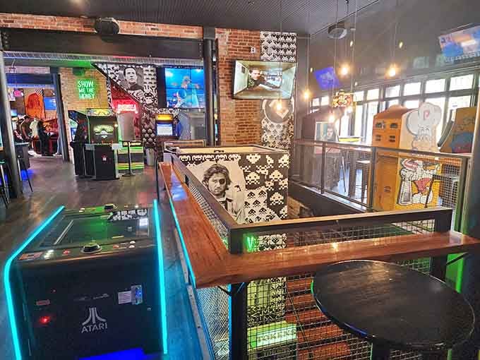 This gaming paradise stretches out like a time machine disguised as a really cool bar with excellent taste in vintage entertainment.