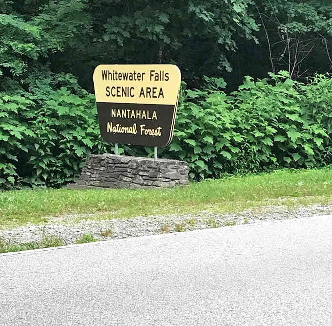 This unassuming sign marks the entrance to one of North Carolina's most impressive natural wonders in Nantahala Forest.
