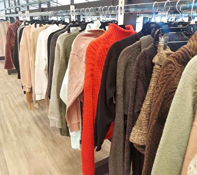 Cozy sweaters in every color of the fall foliage rainbow, ready for Michigan's unpredictable weather patterns ahead.