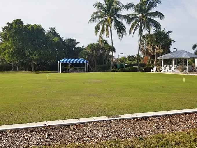 Manicured croquet lawns prove that some civilized pursuits never go out of style, especially on car-free tropical islands.