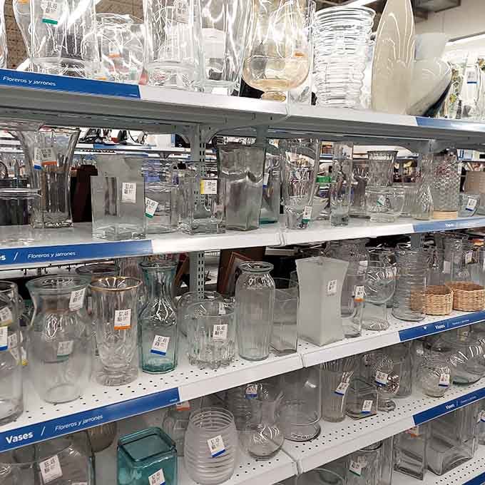 Glassware glistens on shelves, offering everything from everyday tumblers to special occasion pieces.