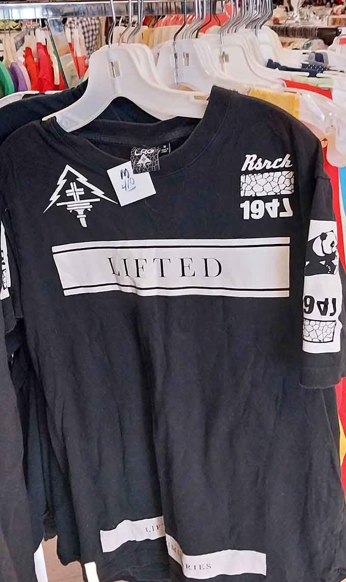 Graphic tees proclaiming everything from workout motivation to obscure references line up like a fashion time capsule.