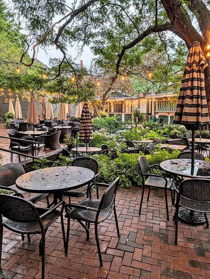 String lights twinkling through tree branches over brick pavers transform an ordinary courtyard into pure Minnesota magic after dark.