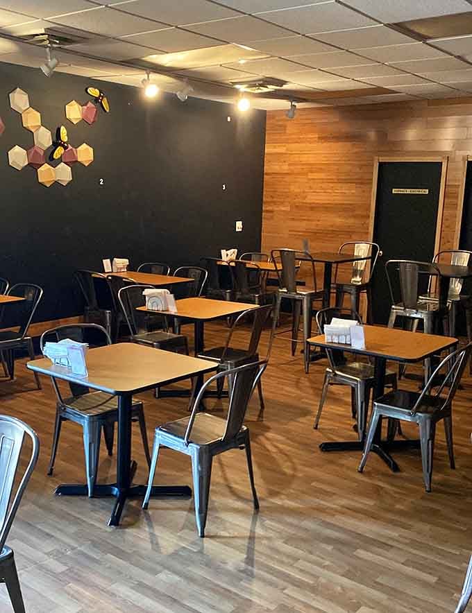 Clean lines and comfortable seating create the perfect backdrop for your inevitable waffle epiphany and subsequent food coma.