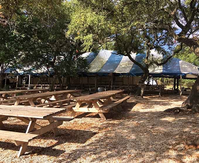 The shaded outdoor biergarten offers picnic tables under Texas oaks &ndash; Bavaria meets Hill Country in the best way.