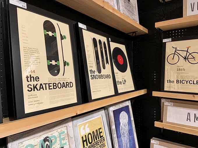 Minimalist prints and graphic designs offer modern style options alongside the vintage treasures found throughout this eclectic marketplace.