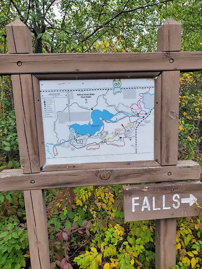 Follow the arrow unless you enjoy wandering aimlessly through the woods like a confused tourist from Illinois.