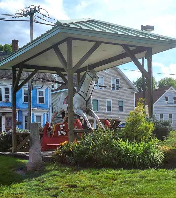 The giant rocking horse statue celebrates Toy Town heritage with whimsy that makes you smile every time.