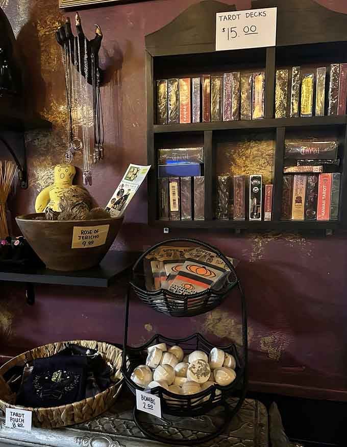 Tarot decks and mystical trinkets line the shelves, offering fortunes and curiosities for the spiritually adventurous shopper.