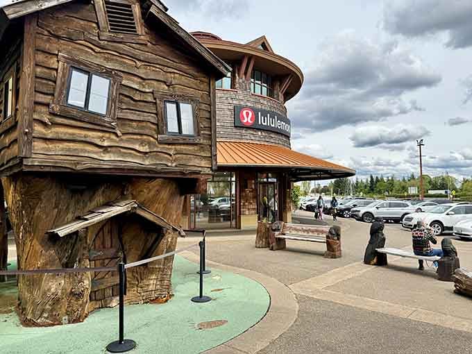 Strategic seating areas provide refuge for weary shopping companions who've reached their browsing limit hours ago.
