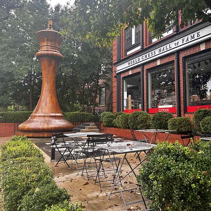 Caf&eacute; tables and giant chess pieces create the perfect spot for contemplating your next brilliant move.