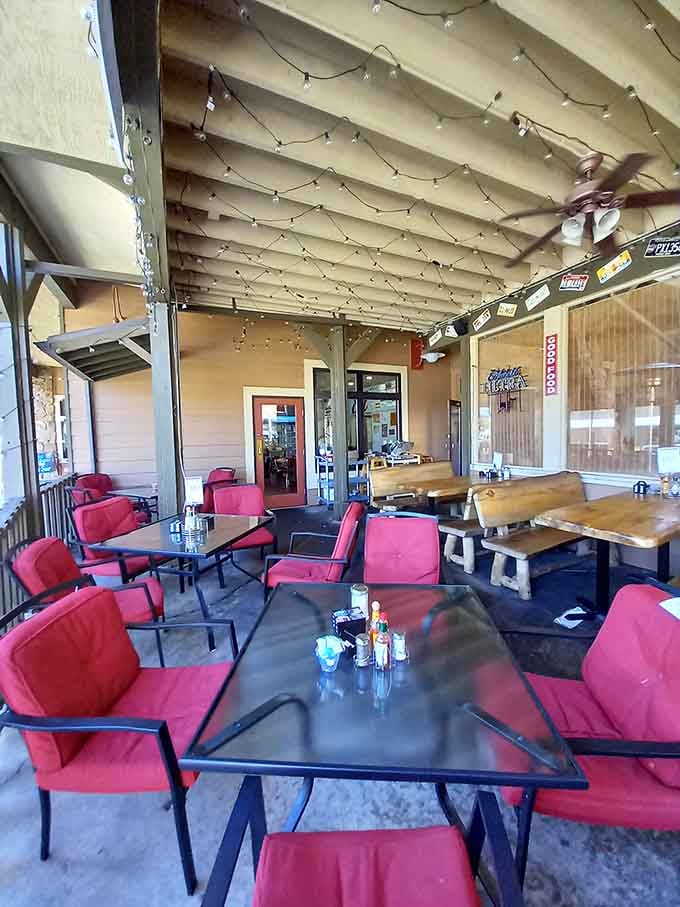 The covered patio offers mountain air with your breakfast, because Colorado mornings deserve proper appreciation and seating.