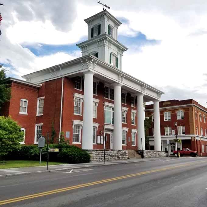Classical columns and red brick create courthouse architecture that Andy Griffith would recognize and appreciate immediately without question.