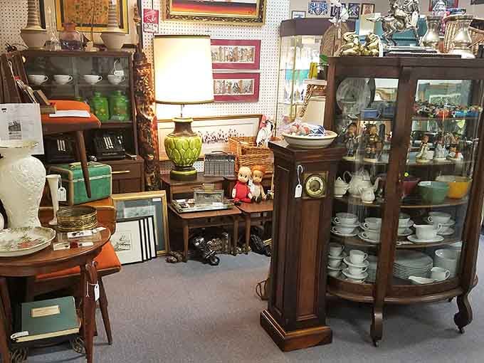 Antique displays showcasing everything from clocks to china, proving one person's clutter is another person's carefully chosen collection.
