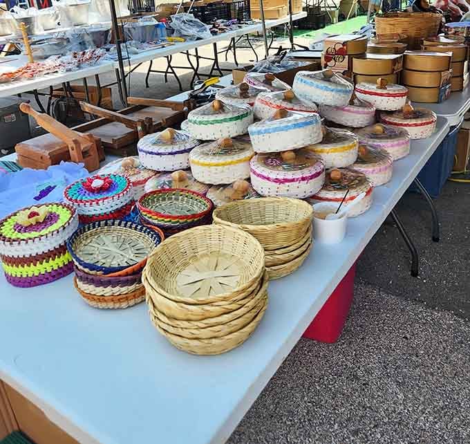 Woven baskets in cheerful colors stack high, proving storage solutions can be both practical and surprisingly charming.