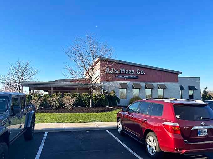 Plenty of parking spaces welcome visitors to this Chesterton spot where breakfast pizza dreams come true.