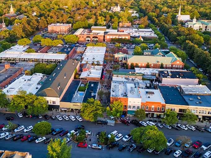 From above, downtown Aiken reveals its compact, walkable layout where everything you need sits within a reasonable, manageable distance.