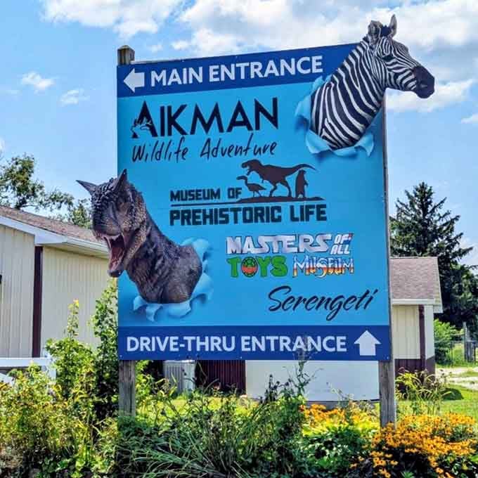 The sign promises prehistoric life and toy museums too, because apparently regular animals weren't exciting enough.