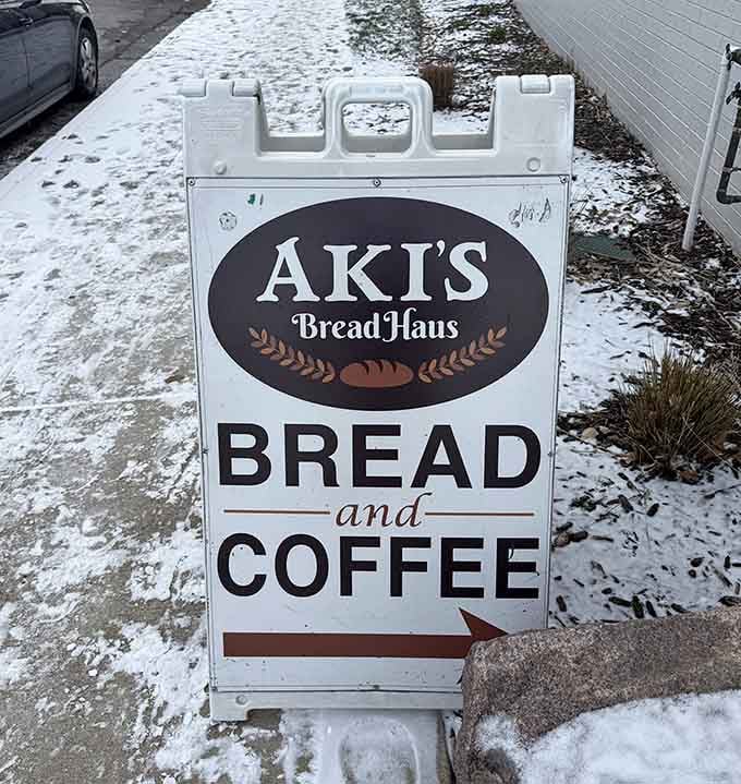Even the sidewalk sign knows that bread and coffee are the foundation of any civilized morning routine.