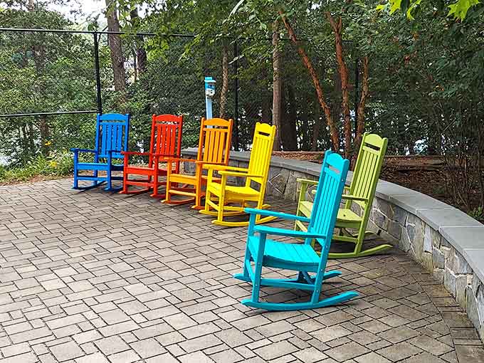 Rainbow rocking chairs invite you to sit, relax, and contemplate art&mdash;or just enjoy not walking anymore.