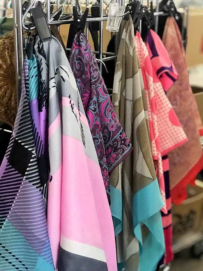 Scarves in every pattern imaginable, ready to add flair to any outfit or hide questionable fashion choices.