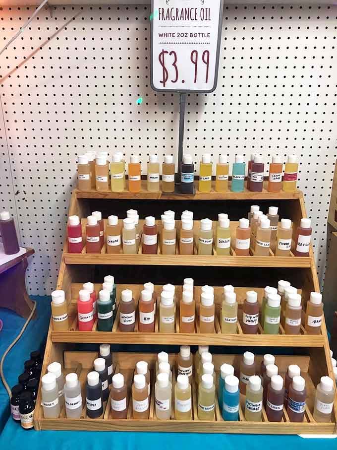 Fragrance oils line up in rainbow formation, offering scents for every mood, memory, and mysterious personal preference imaginable.