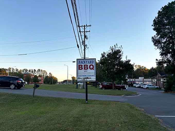 That roadside sign beckons hungry travelers like a lighthouse guides ships, promising smoky salvation ahead for all.
