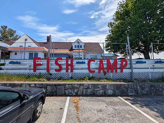 Those big red letters spelling "FISH CAMP" tell you everything you need to know before you even park the car.
