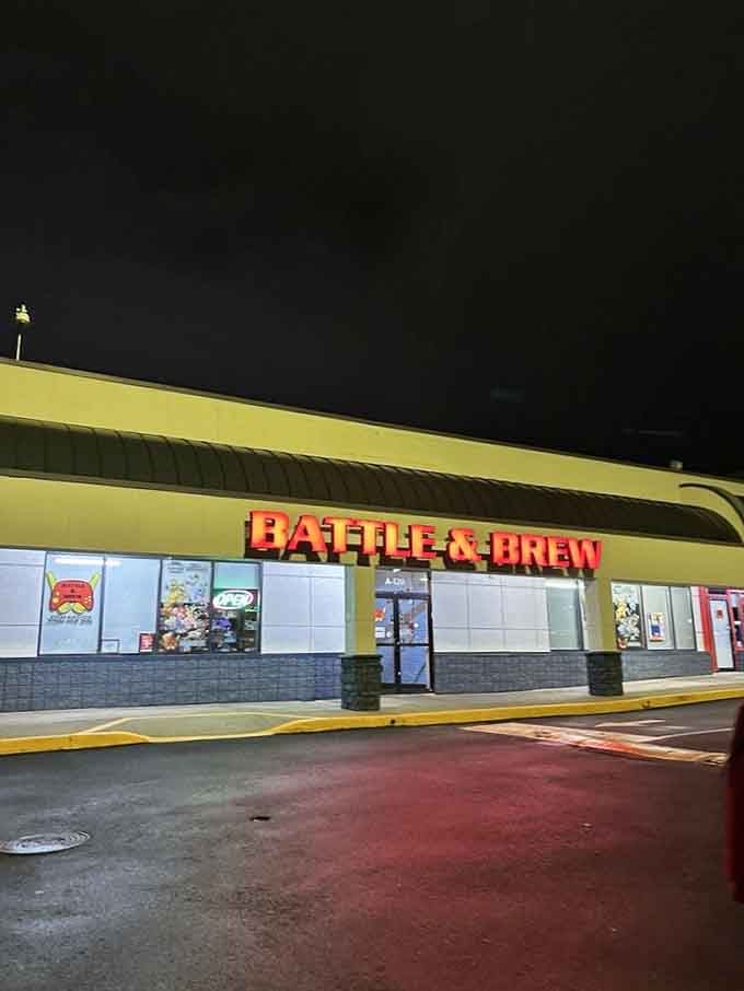Even at night, the glowing red signage beckons like a beacon for anyone seeking food and fun.