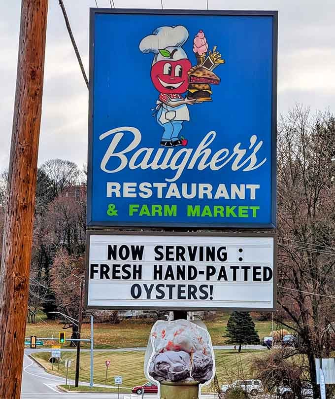 The sign promising fresh oysters proves this farm-to-table operation takes "fresh" seriously, rotating seasonal specials constantly throughout year.