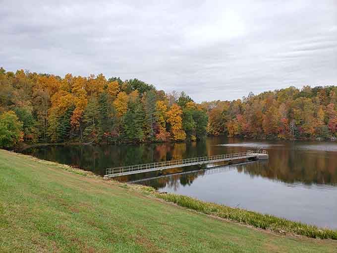 Overcast skies can't diminish this lake's charm when fall colors paint the shoreline in nature's most vibrant hues.