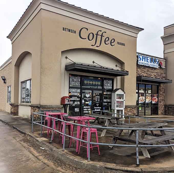 Pink outdoor seating adds cheerful charm to your coffee run, weather permitting and Instagram demanding.