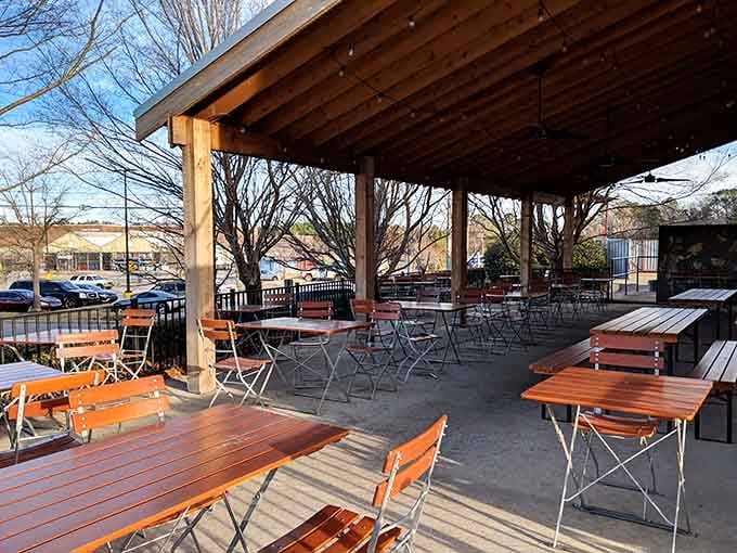 The covered patio offers fresh air dining, perfect for those gorgeous Alabama mornings year-round.