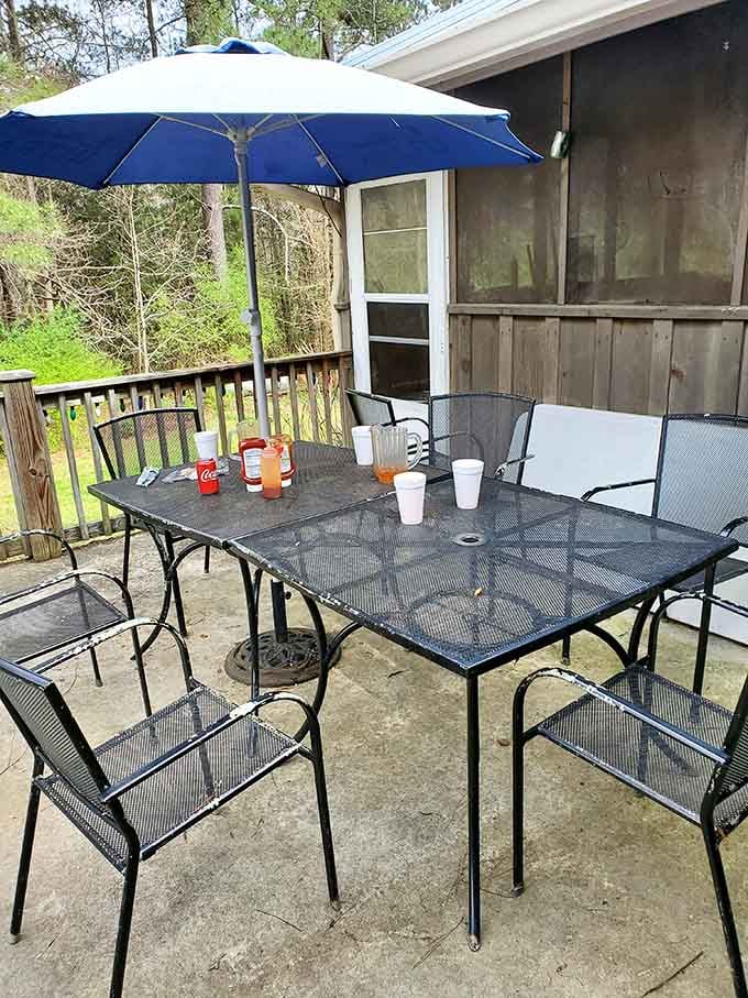 Outdoor seating with umbrellas lets you enjoy your barbecue while pretending you're being somewhat healthy outside.