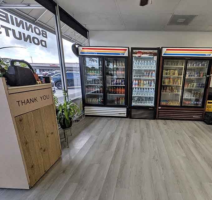 Refrigerated cases stocked with cold drinks to balance out all that warm, sweet, glorious pastry consumption ahead.