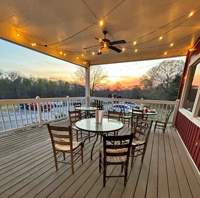Outdoor seating at dusk turns dinner into an event, complete with nature's own mood lighting for free.