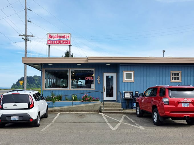 The full view shows a humble building with a big sign, making sure you don't miss Washington's seafood secret.