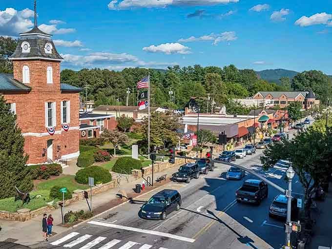 The town from above reveals its secret: mountains cradling a community that still knows its neighbors' names.