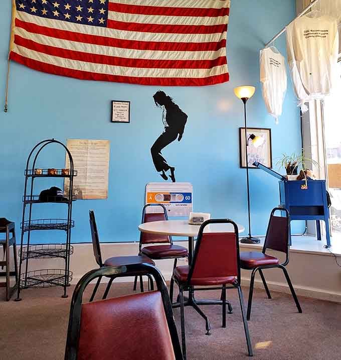 Michael Jackson silhouette, American flag, and mismatched chairs create an atmosphere that's authentically quirky and wonderfully welcoming to everyone.