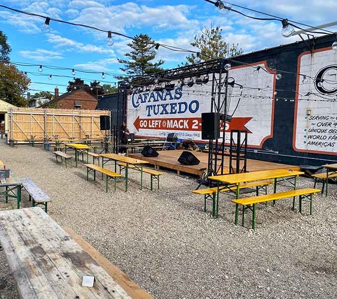 The outdoor stage beckons warm-weather crowds to enjoy Belgian culture under open skies with cold beer in hand.