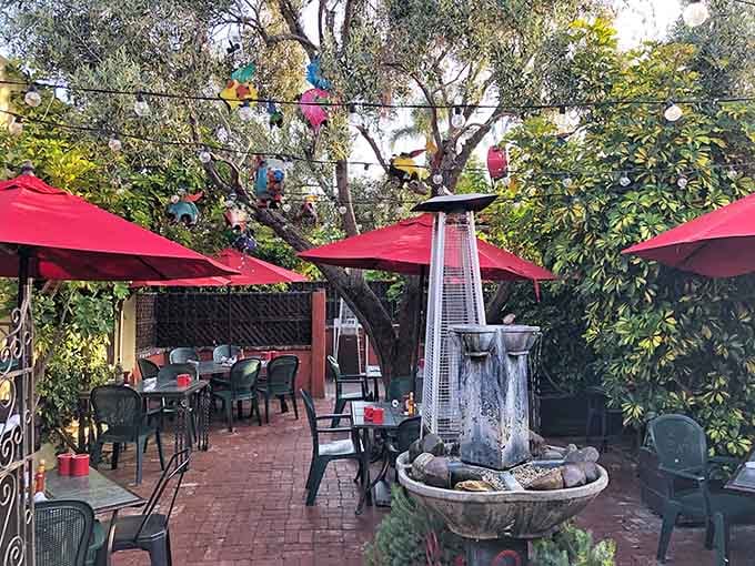 The outdoor patio with colorful birdhouses and red umbrellas transforms brunch into an enchanted garden party experience.