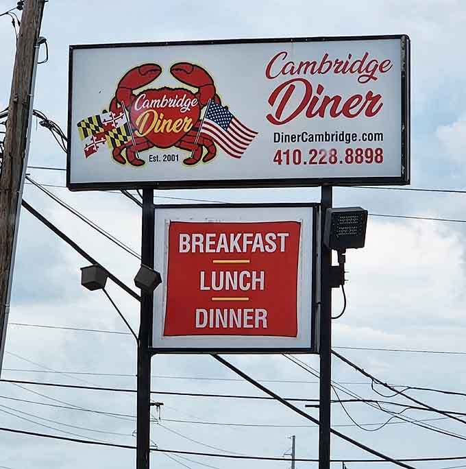 That crab logo and bold signage announce breakfast, lunch, and dinner like a delicious three-act play daily.