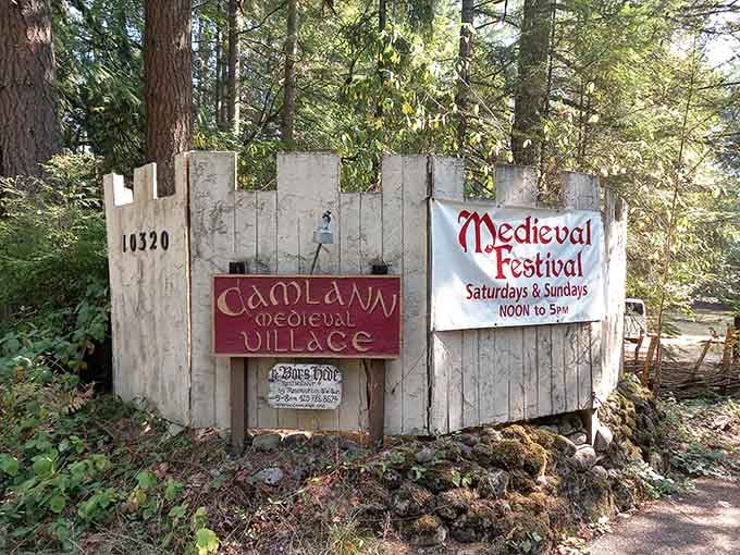 The entrance sign welcomes you to step backward through seven centuries, conveniently located off a paved road.