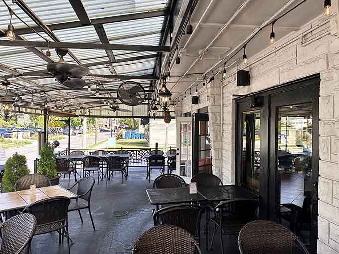The covered patio offers canal-side dining where you can watch Indianapolis drift by while savoring Mediterranean flavors in comfort.