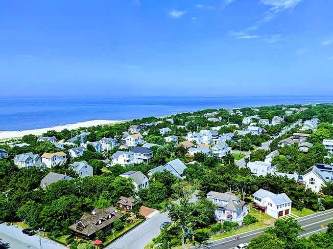 From above, this coastal gem reveals its perfect blend of beach, forest, and Victorian charm all at once.