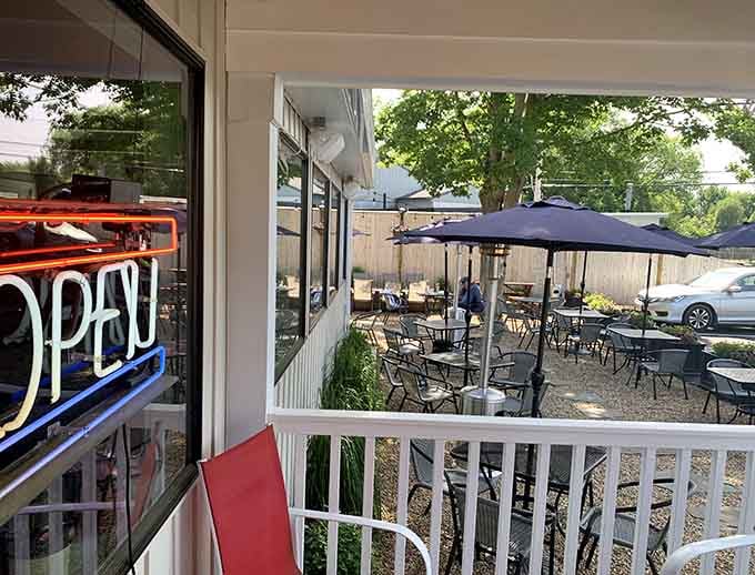 The outdoor patio offers fresh air dining when Massachusetts weather decides to cooperate with your plans.